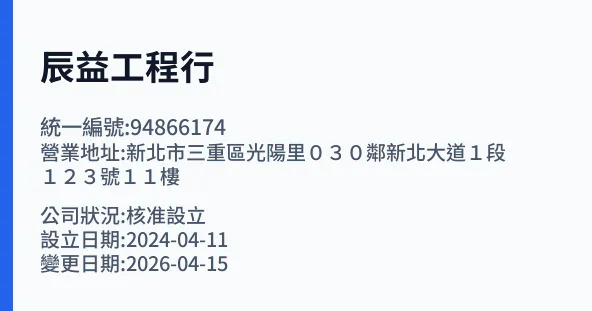 辰益工程行的照片-統編 94866174(新北市) 公司登記資料與營業項目詳細圖表
