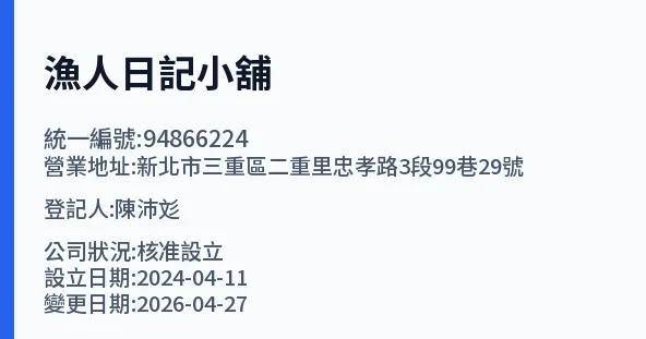 漁人日記小舖的照片-統編 94866224(新北市) 公司登記資料與營業項目詳細圖表