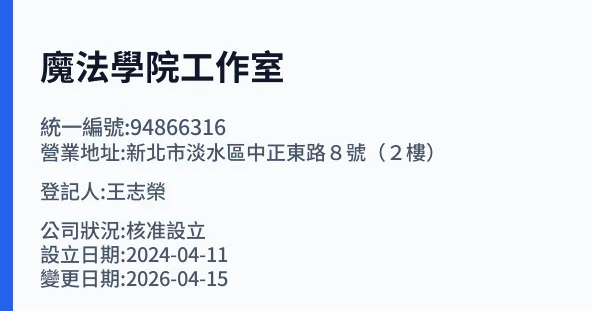 魔法學院工作室的照片-統編 94866316(新北市) 公司登記資料與營業項目詳細圖表