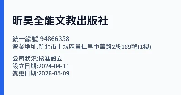 昕昊全能文教出版社的照片-統編 94866358(新北市) 公司登記資料與營業項目詳細圖表