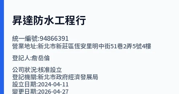 昇達防水工程行的照片-統編 94866391(新北市) 公司登記資料與營業項目詳細圖表