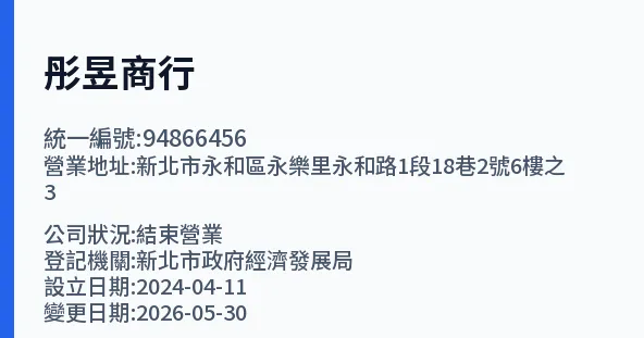 彤昱商行的照片-統編 94866456(新北市) 公司登記資料與營業項目詳細圖表
