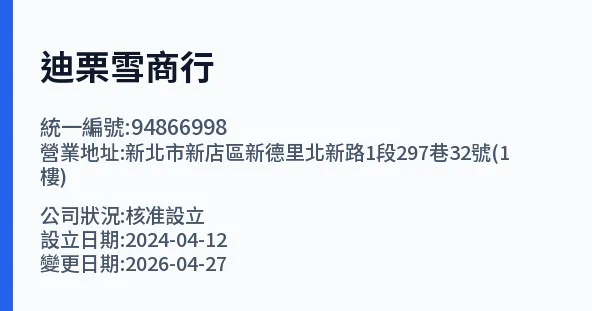 迪栗雪商行的照片-統編 94866998(新北市) 公司登記資料與營業項目詳細圖表