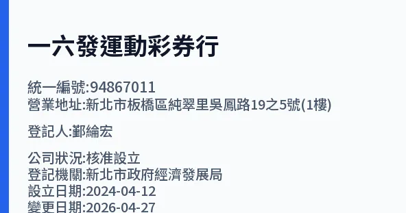 一六發運動彩券行的照片-統編 94867011(新北市) 公司登記資料與營業項目詳細圖表