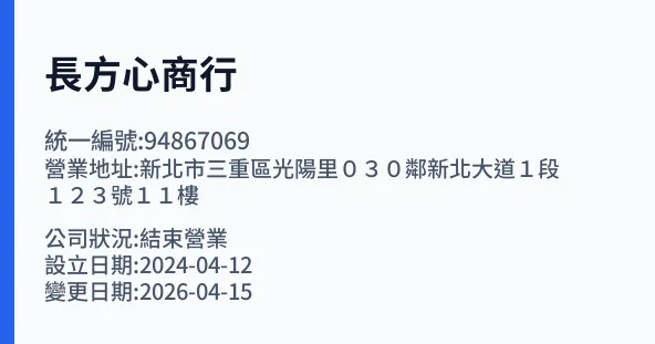 長方心商行的照片-統編 94867069(新北市) 公司登記資料與營業項目詳細圖表
