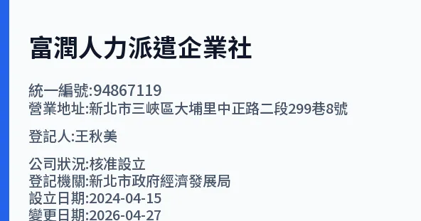富潤人力派遣企業社的照片-統編 94867119(新北市) 公司登記資料與營業項目詳細圖表