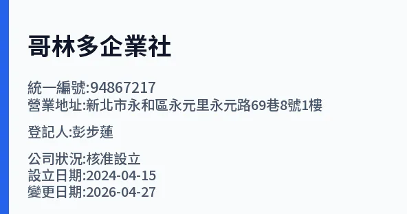 哥林多企業社的照片-統編 94867217(新北市) 公司登記資料與營業項目詳細圖表