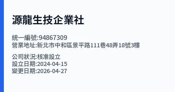 源龍生技企業社的照片-統編 94867309(新北市) 公司登記資料與營業項目詳細圖表