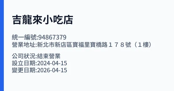吉龍來小吃店的照片-統編 94867379(新北市) 公司登記資料與營業項目詳細圖表
