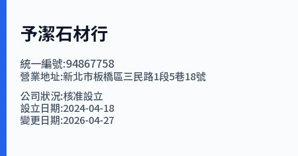 予潔石材行的照片-統編 94867758(新北市) 公司登記資料與營業項目詳細圖表