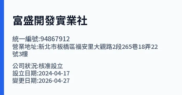 富盛開發實業社的照片-統編 94867912(新北市) 公司登記資料與營業項目詳細圖表
