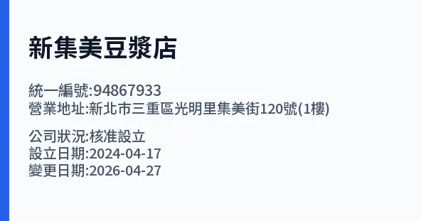 新集美豆漿店的照片-統編 94867933(新北市) 公司登記資料與營業項目詳細圖表