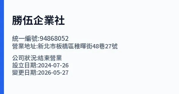 勝伍企業社的照片-統編 94868052(新北市) 公司登記資料與營業項目詳細圖表