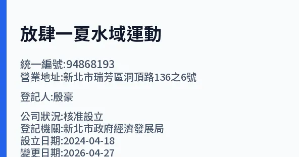 放肆一夏水域運動的照片-統編 94868193(新北市) 公司登記資料與營業項目詳細圖表
