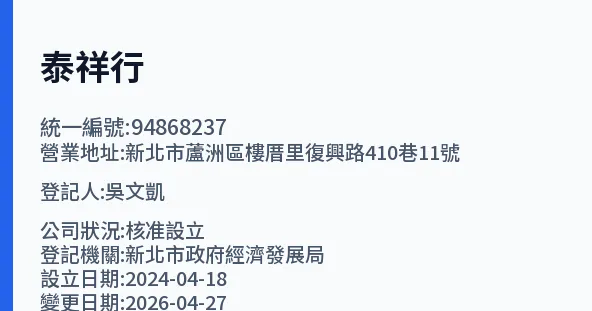 泰祥行的照片-統編 94868237(新北市) 公司登記資料與營業項目詳細圖表