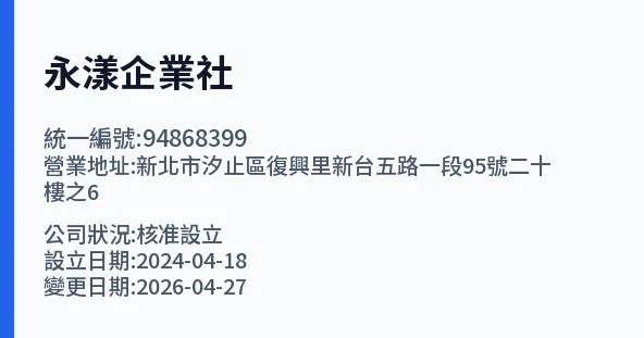 永漾企業社的照片-統編 94868399(新北市) 公司登記資料與營業項目詳細圖表