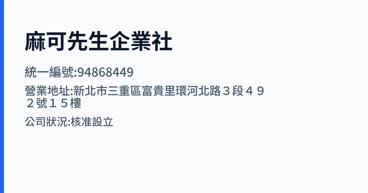 麻可先生企業社 - 統編 94868449(新北市) 公司登記資料與營業項目詳細圖表