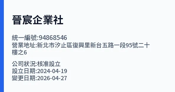晉宸企業社的照片-統編 94868546(新北市) 公司登記資料與營業項目詳細圖表