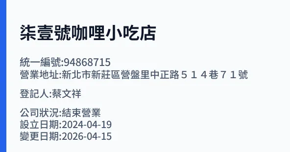 柒壹號咖哩小吃店的照片-統編 94868715(新北市) 公司登記資料與營業項目詳細圖表