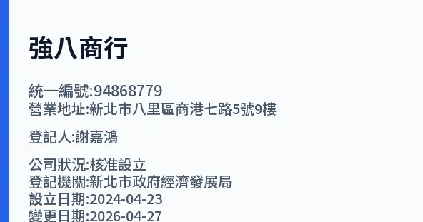 強八商行的照片-統編 94868779(新北市) 公司登記資料與營業項目詳細圖表