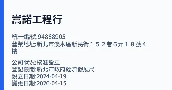 嵩諾工程行的照片-統編 94868905(新北市) 公司登記資料與營業項目詳細圖表