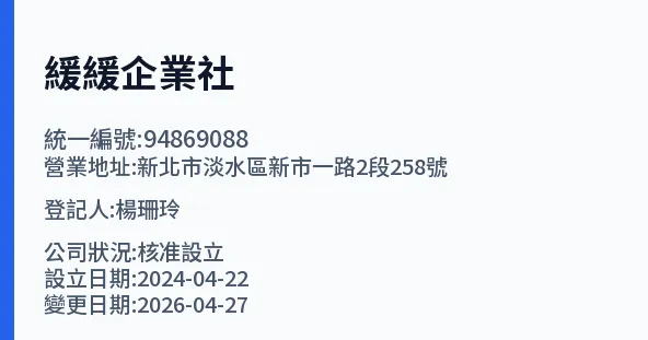緩緩企業社的照片-統編 94869088(新北市) 公司登記資料與營業項目詳細圖表