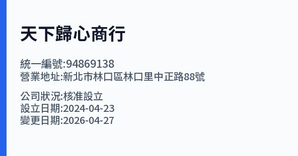 天下歸心商行的照片-統編 94869138(新北市) 公司登記資料與營業項目詳細圖表
