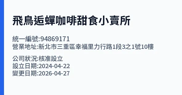 飛鳥逅蟬咖啡甜食小賣所的照片-統編 94869171(新北市) 公司登記資料與營業項目詳細圖表