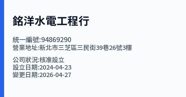 銘洋水電工程行的照片-統編 94869290(新北市) 公司登記資料與營業項目詳細圖表