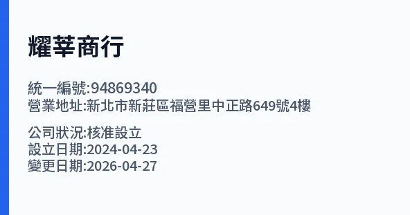 耀莘商行的照片-統編 94869340(新北市) 公司登記資料與營業項目詳細圖表