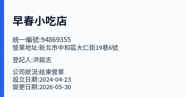 早春小吃店的照片-統編 94869355(新北市) 公司登記資料與營業項目詳細圖表