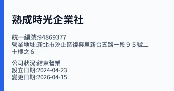 熟成時光企業社的照片-統編 94869377(新北市) 公司登記資料與營業項目詳細圖表
