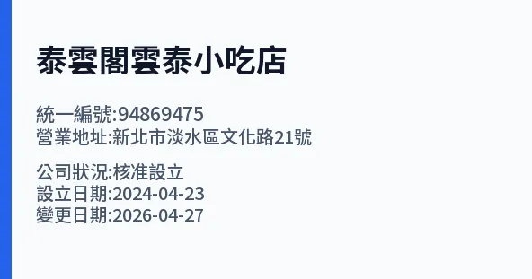 泰雲閣雲泰小吃店的照片-統編 94869475(新北市) 公司登記資料與營業項目詳細圖表