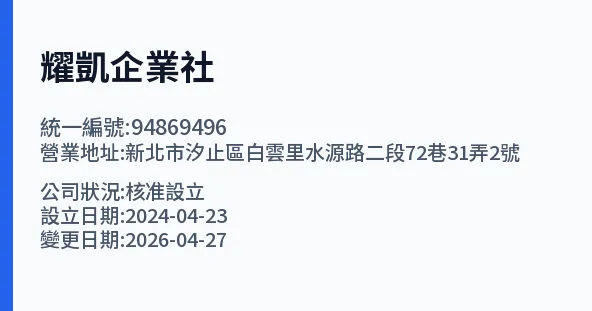 耀凱企業社的照片-統編 94869496(新北市) 公司登記資料與營業項目詳細圖表