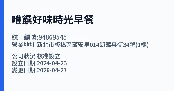 唯饌好味時光早餐的照片-統編 94869545(新北市) 公司登記資料與營業項目詳細圖表