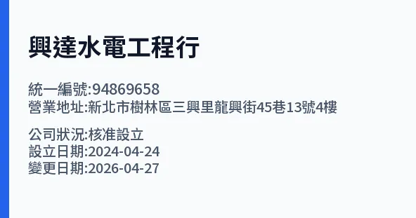 興達水電工程行的照片-統編 94869658(新北市) 公司登記資料與營業項目詳細圖表