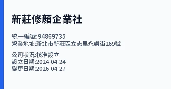 新莊修顏企業社的照片-統編 94869735(新北市) 公司登記資料與營業項目詳細圖表