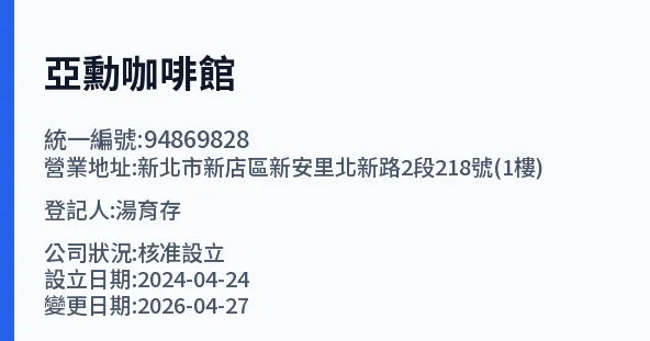 亞勳咖啡館的照片-統編 94869828(新北市) 公司登記資料與營業項目詳細圖表