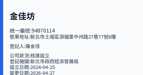 金佳坊的照片-統編 94870114(新北市) 公司登記資料與營業項目詳細圖表