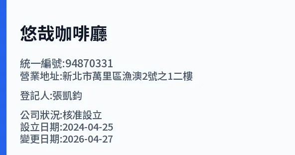 悠哉咖啡廳的照片-統編 94870331(新北市) 公司登記資料與營業項目詳細圖表