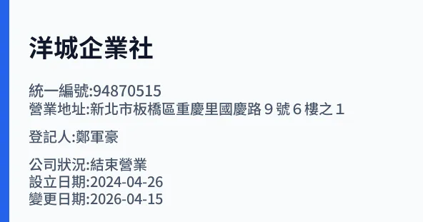 洋城企業社的照片-統編 94870515(新北市) 公司登記資料與營業項目詳細圖表