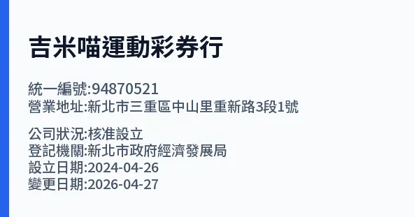 吉米喵運動彩券行的照片-統編 94870521(新北市) 公司登記資料與營業項目詳細圖表