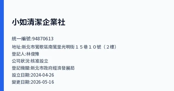 小如清潔企業社的照片-統編 94870613(新北市) 公司登記資料與營業項目詳細圖表