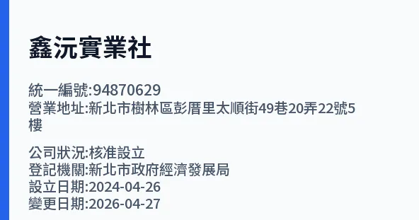 鑫沅實業社的照片-統編 94870629(新北市) 公司登記資料與營業項目詳細圖表