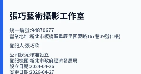 張巧藝術攝影工作室的照片-統編 94870677(新北市) 公司登記資料與營業項目詳細圖表
