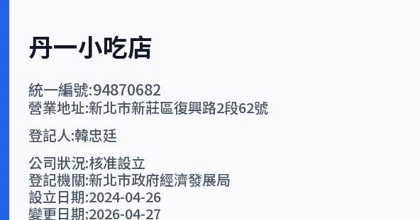丹一小吃店的照片-統編 94870682(新北市) 公司登記資料與營業項目詳細圖表