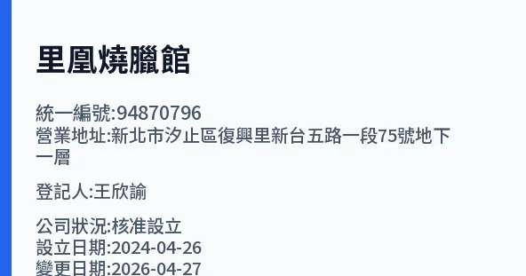 里凰燒臘館的照片-統編 94870796(新北市) 公司登記資料與營業項目詳細圖表