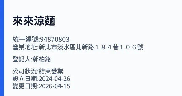 來來涼麵的照片-統編 94870803(新北市) 公司登記資料與營業項目詳細圖表