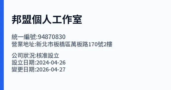 邦盟個人工作室的照片-統編 94870830(新北市) 公司登記資料與營業項目詳細圖表