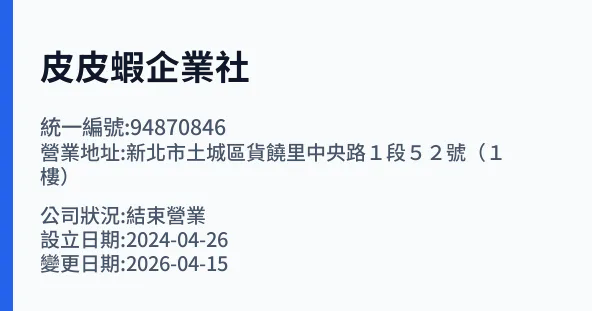 皮皮蝦企業社的照片-統編 94870846(新北市) 公司登記資料與營業項目詳細圖表